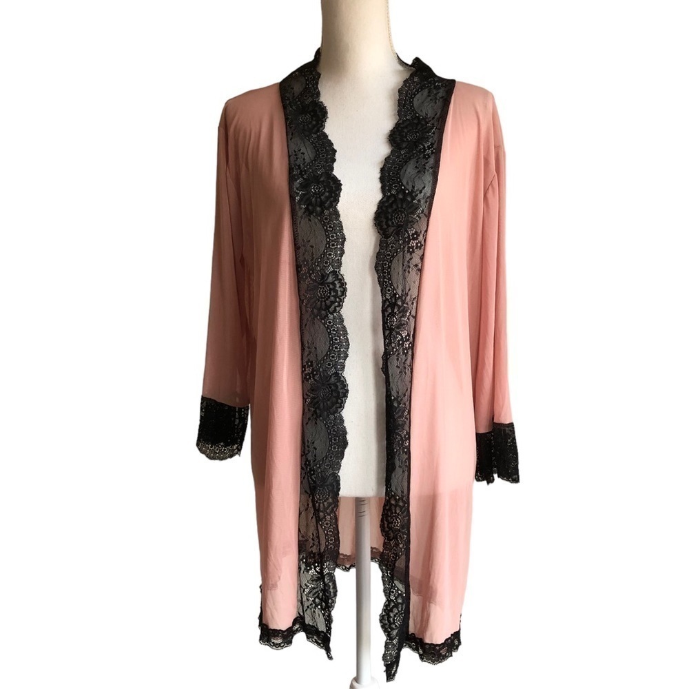 Kimono Sheer Peach Lace Black Trim Large - Gem